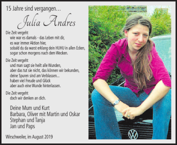Traueranzeigen von Julia Andres | WochenSpiegel Trauer