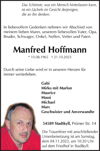 Traueranzeigen von Manfred Hoffmann | WochenSpiegel Trauer
