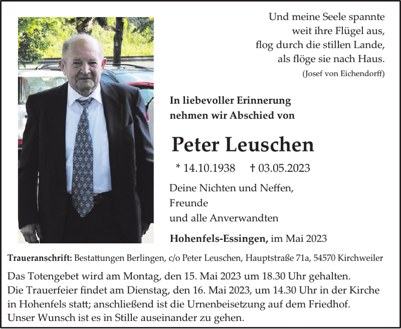 Traueranzeigen von Peter Leuschen | WochenSpiegel Trauer